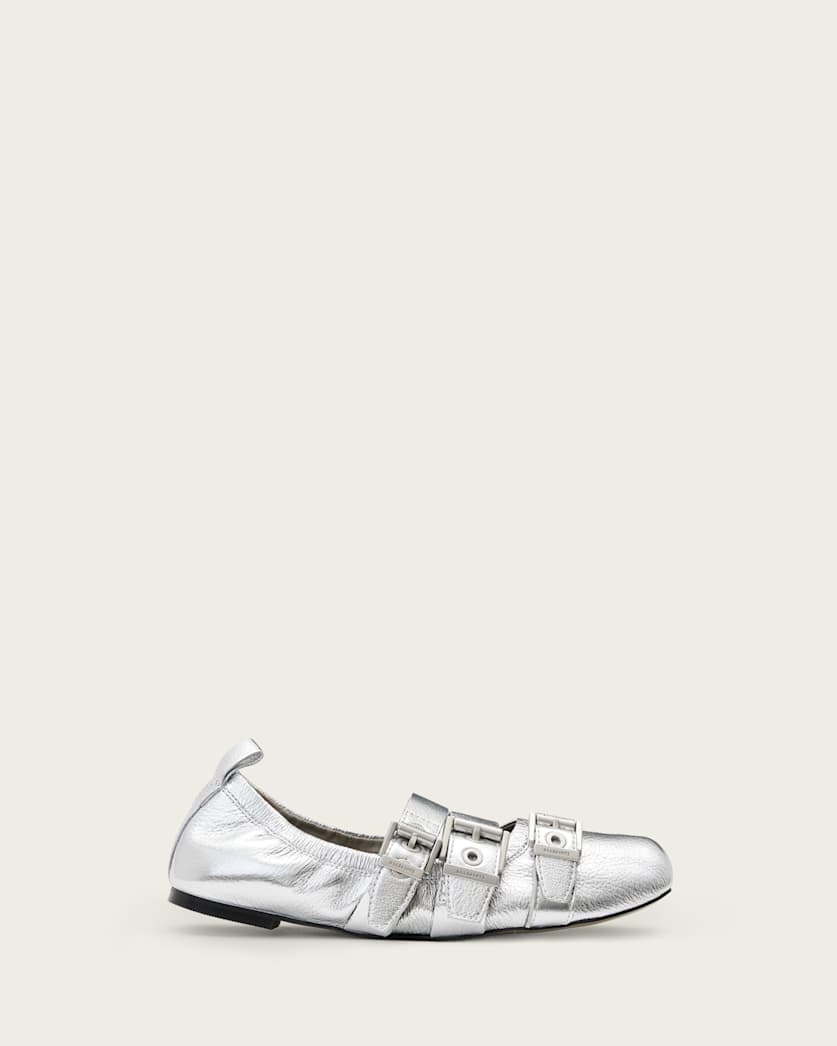 Aurora Metallic Leather Ballet Shoe Silver | ALLSAINTS US